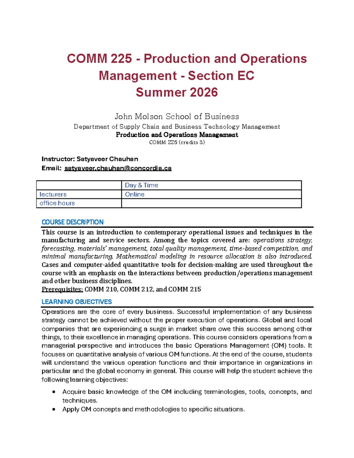 COMM 225 Course Outline: Production & Operations Management Summer 2026 ...