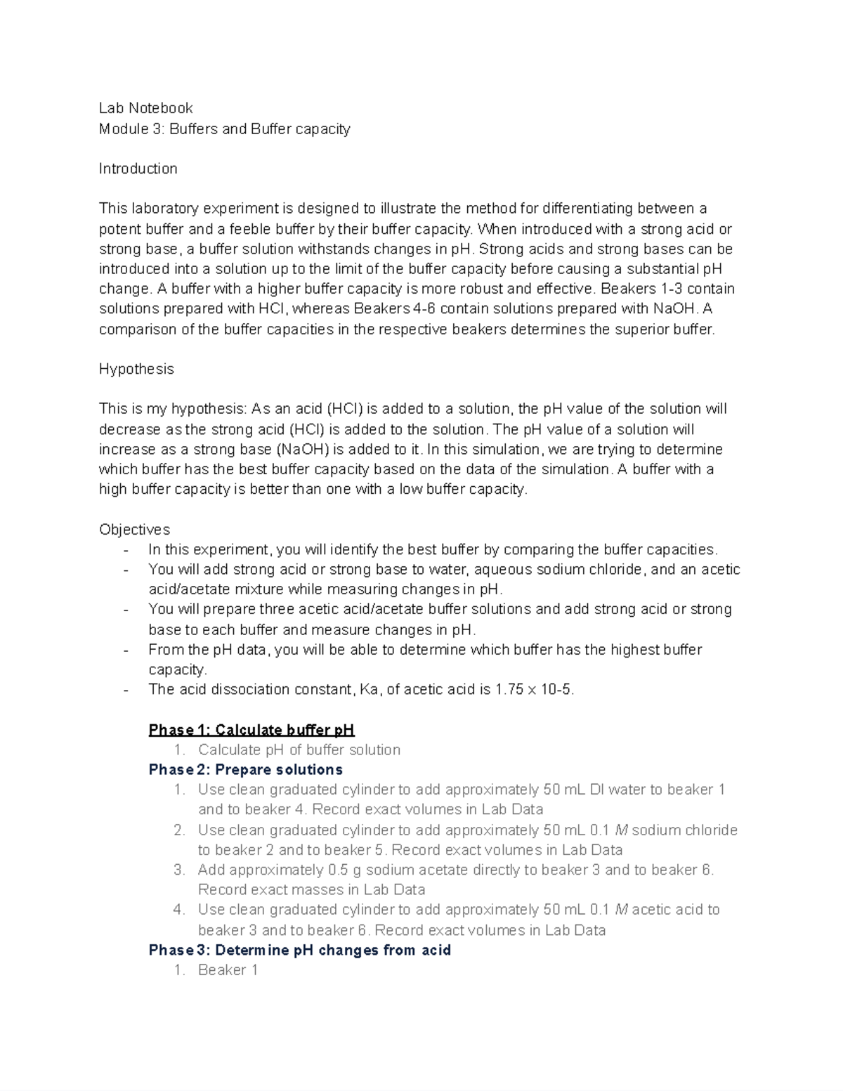 Lab Notebook Module 3A: Analyzing Buffers & Buffer Capacity - Studocu