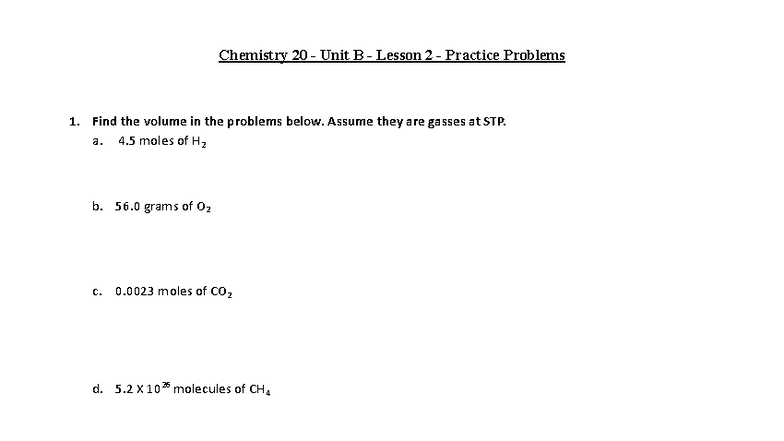 Chemistry 20 - Unit B - Lesson 2 Practice Problems Review - Studocu