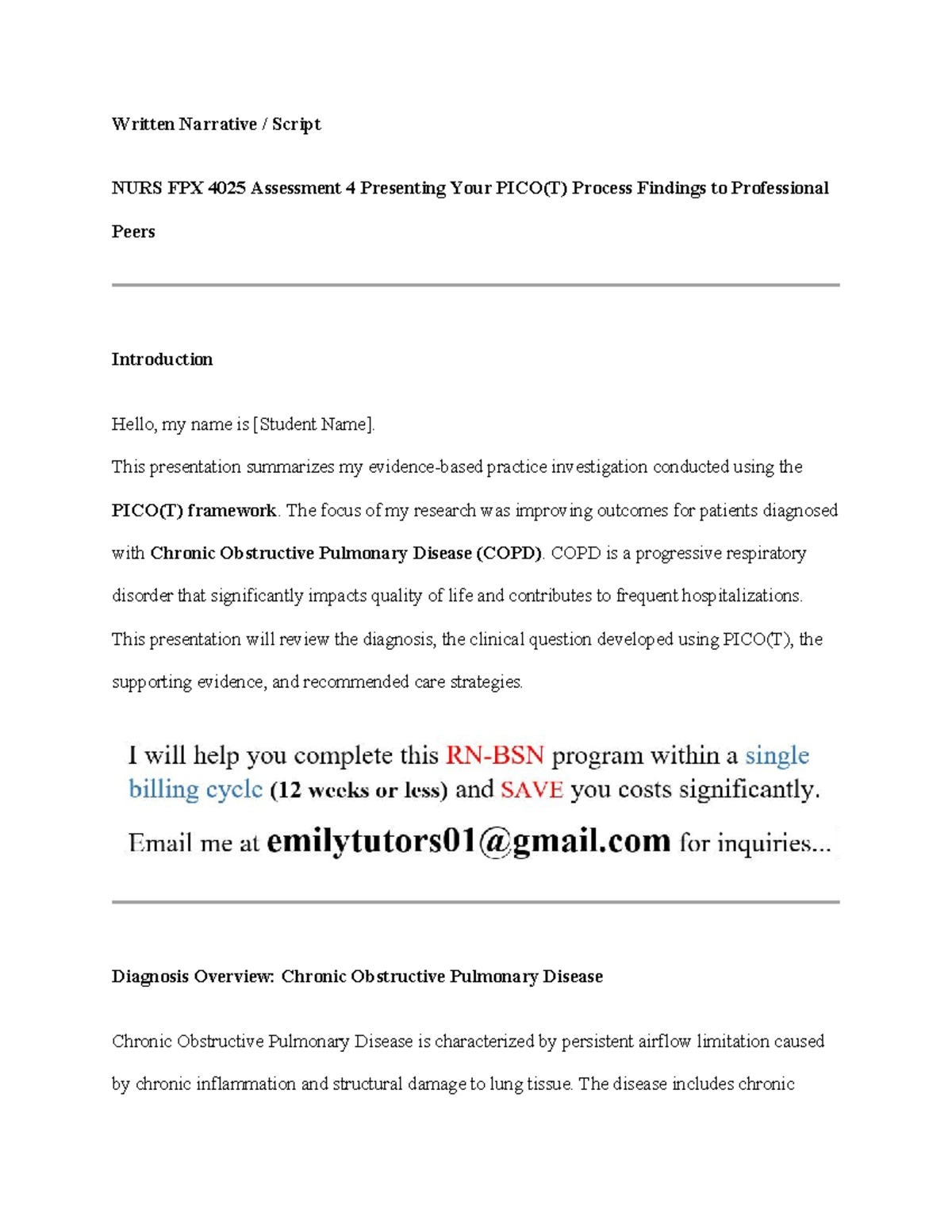 NURS FPX 4025 Assessment 4: PICO(T) Findings on COPD Management - Studocu