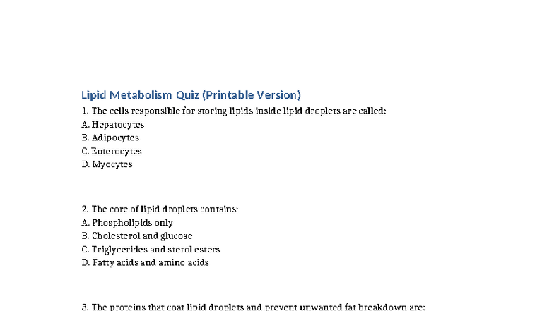 Lipid Metabolism Quiz (Printable Version) - Practice Questions - Studocu
