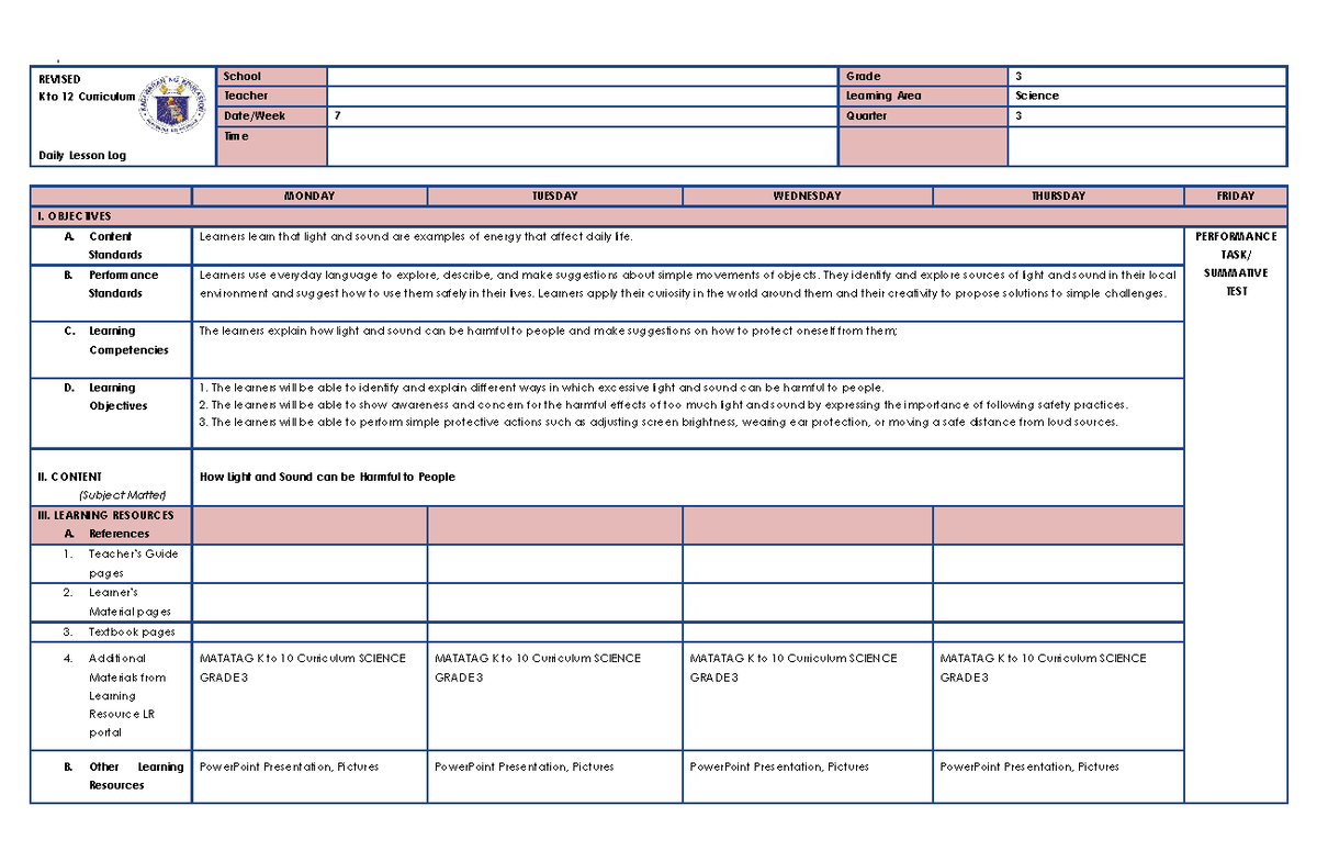 Science Grade 3 Q3 W7 Daily Lesson Log: Light & Sound Safety - Studocu
