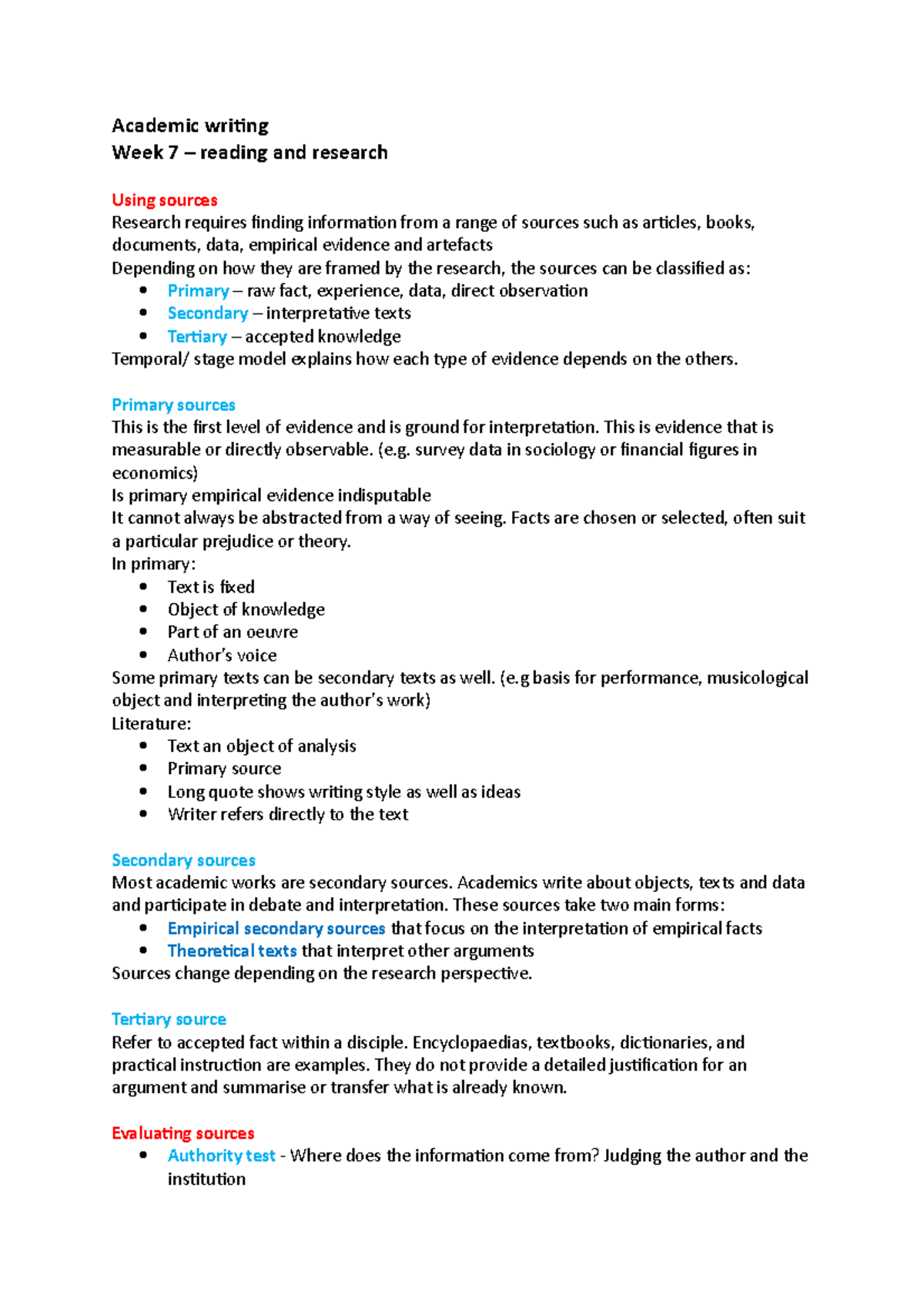 Academic Writing W7 - Lecture Notes on Research & Sources - Studocu