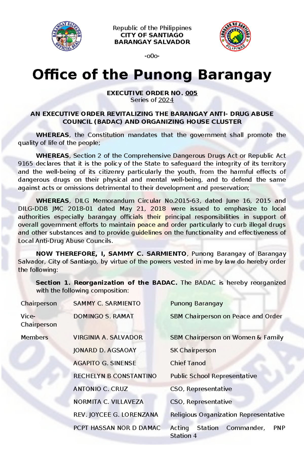 Executive Order No. 005 s. 2024: Revitalizing BADAC & House Clusters ...
