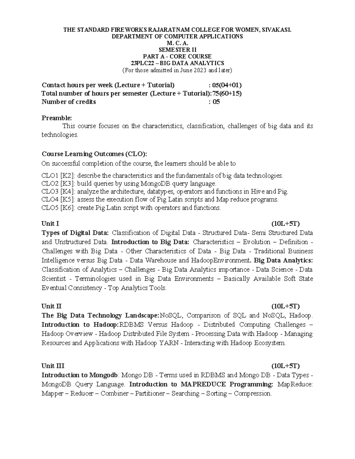 Big Data Analytics Study Material - M.C.A. 23PLC22 Semester II - Studocu
