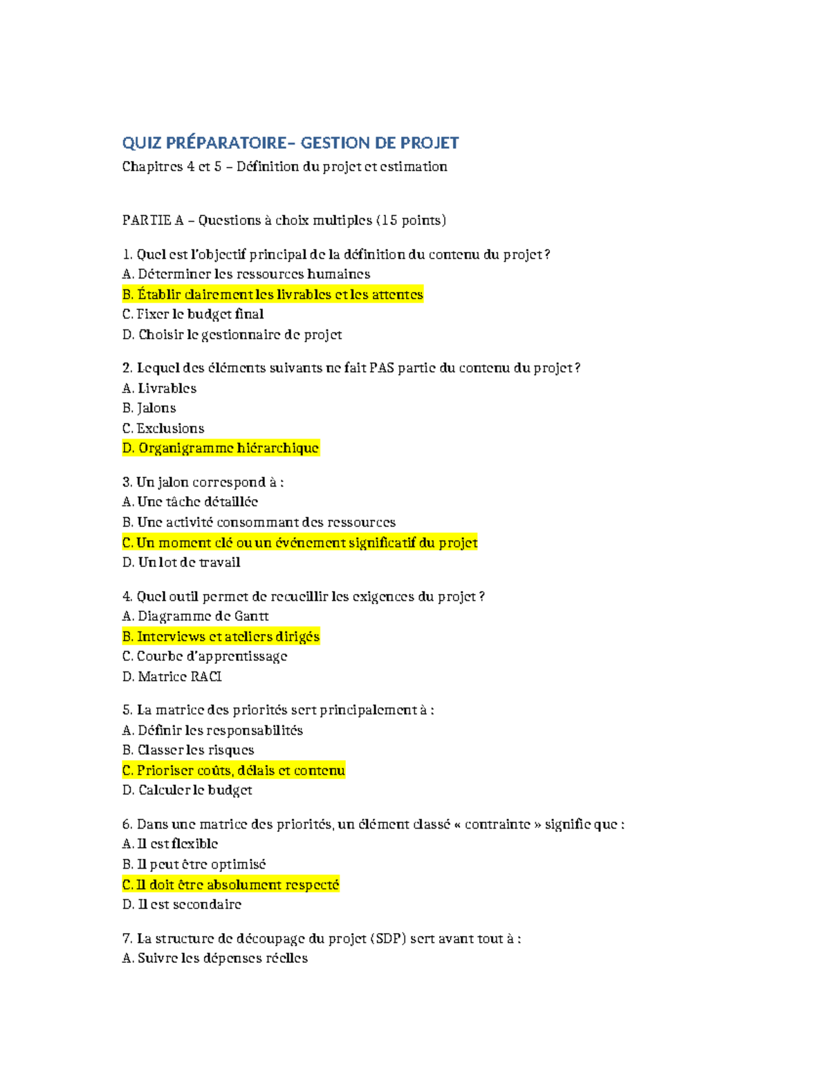 Quiz Examen Gestion de Projet GESTION DE PROJET Chapitres 4 et 5 - Studocu
