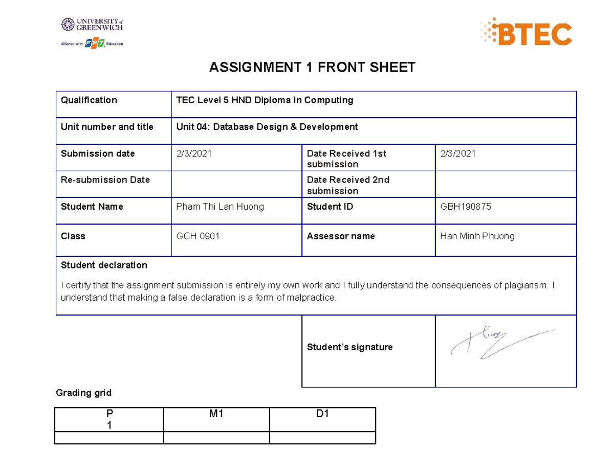 GBH190875 HND Assignment: Database Design & Development Report - Studocu