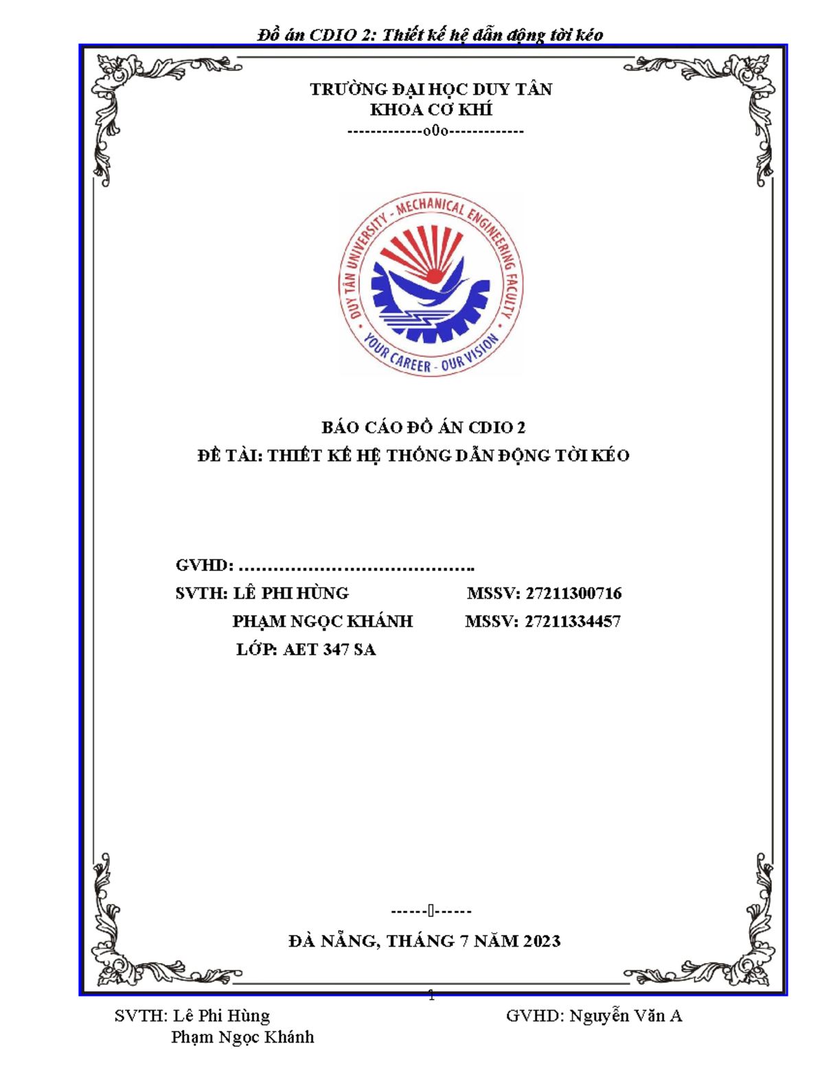 Đồ án CDIO 2: Thiết kế hệ dẫn động tời kéo - Trường ĐH Duy Tân - Studocu