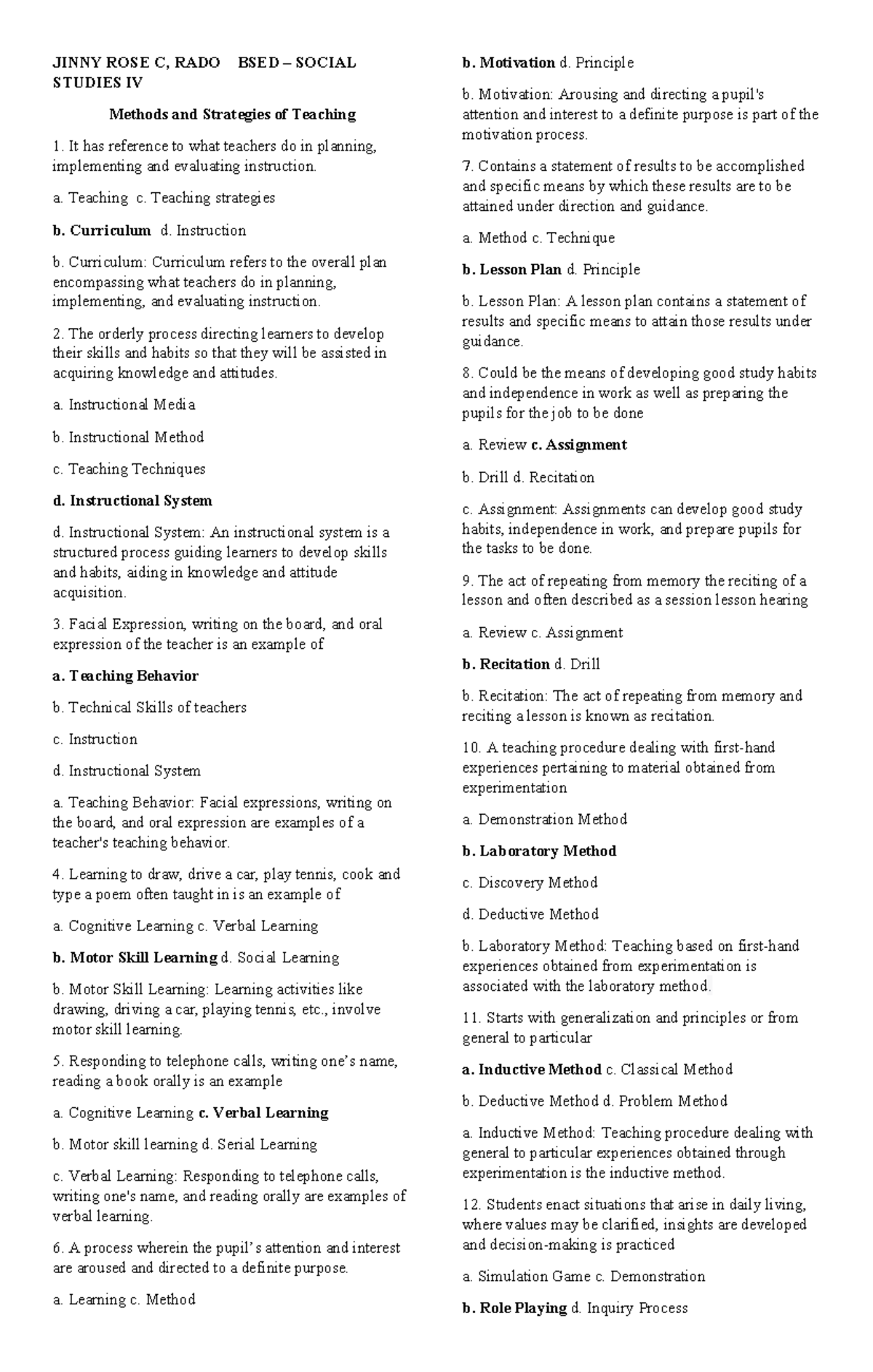 BSED IV Social Studies: Methods & Strategies in Teaching - Studocu