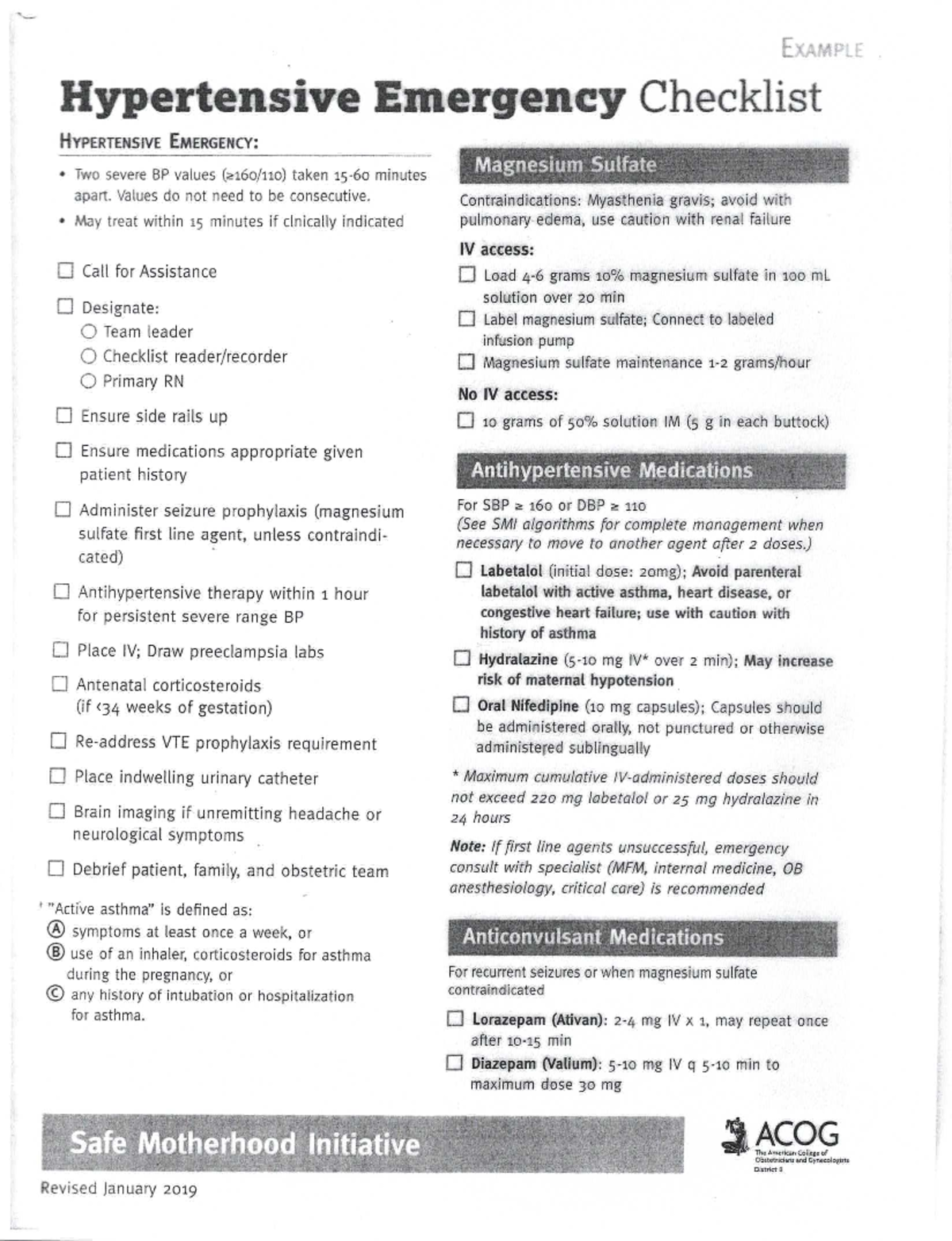 OB Hypertensive Emergency Checklist: Management and Medications Guide ...