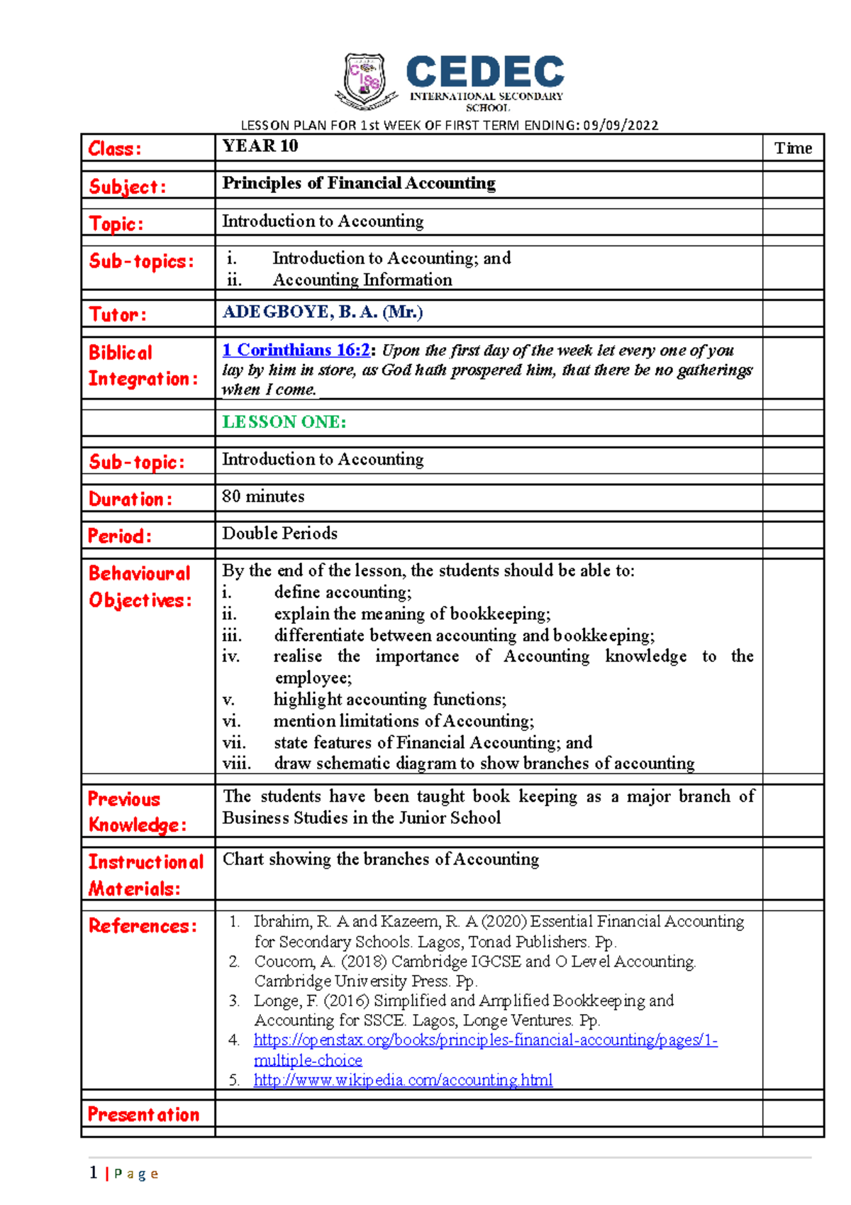 Lesson Plan: Intro to Accounting - Year 10 Principles of Financial ...