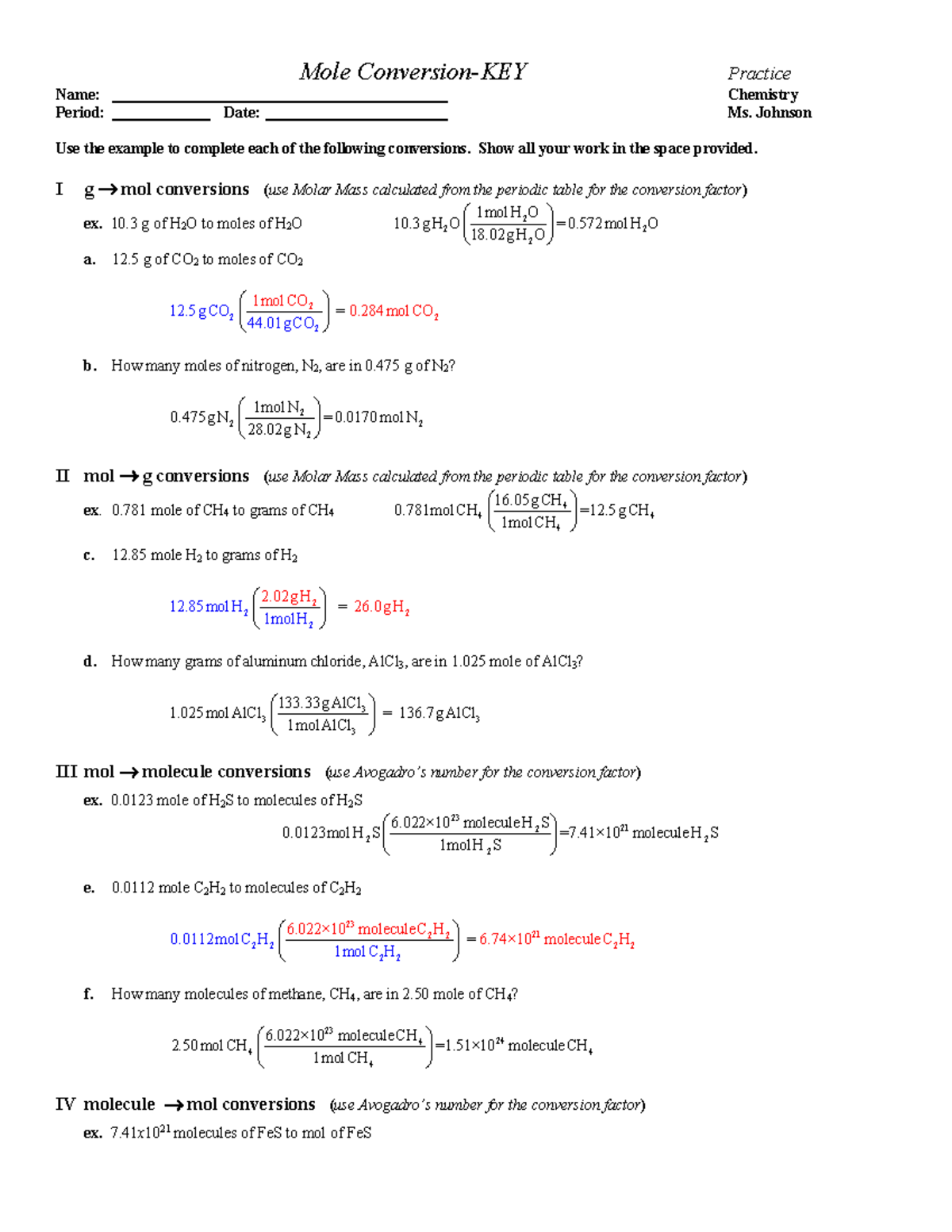 one step mole conversions practice keyyyy - Mole Conversion-KEY ...