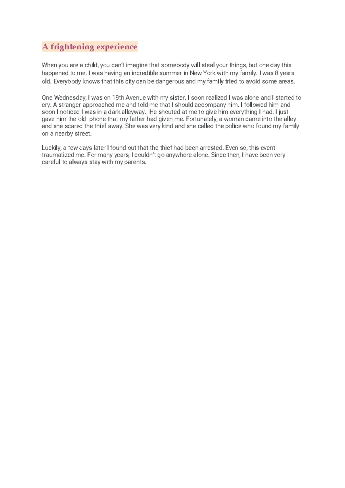 Childhood Fright: A Narrative on a Dangerous Encounter - Studocu