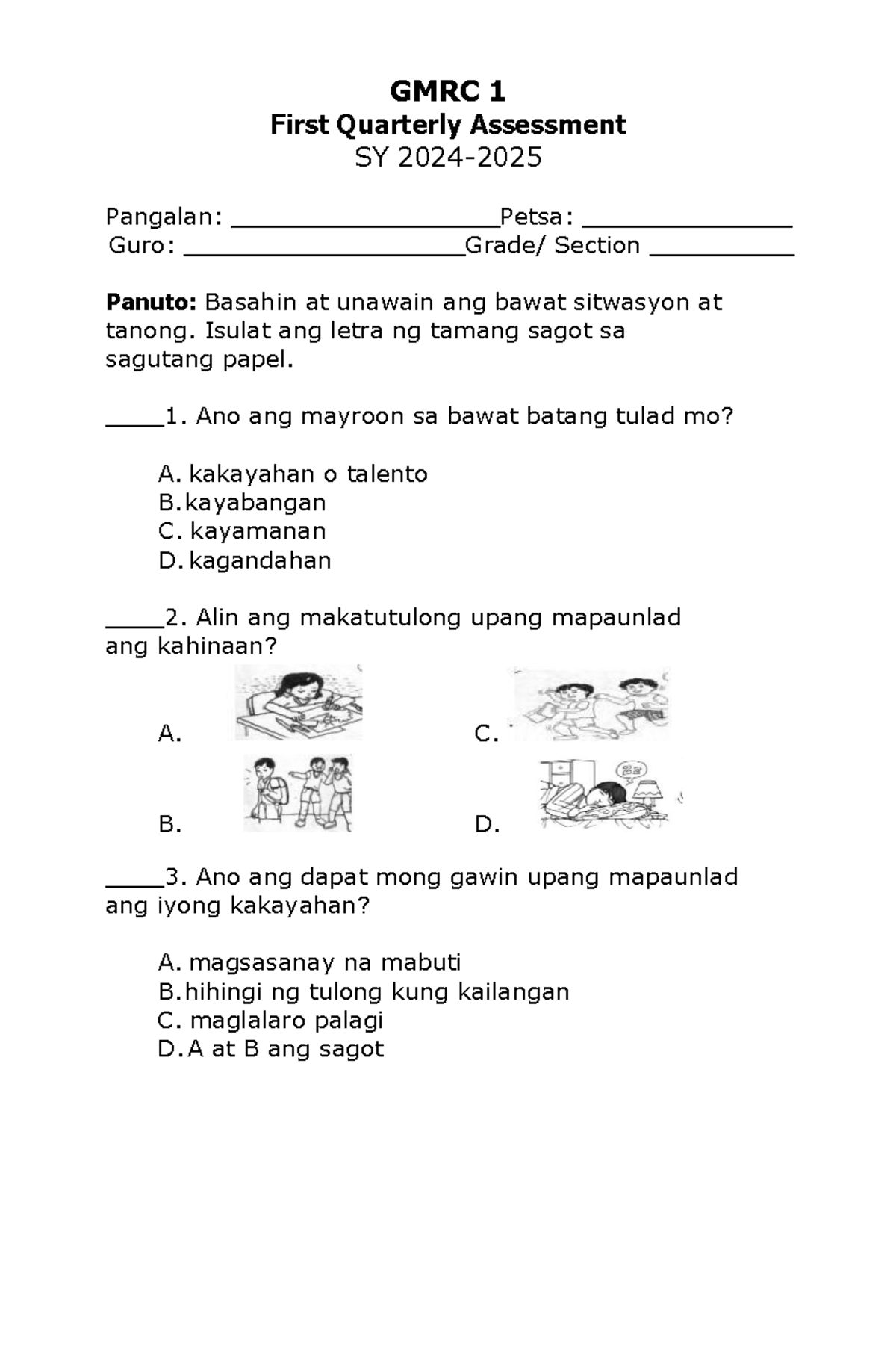 GMRC 1 Q1 Assessment - Sample Exam and Answer Guide - Studocu
