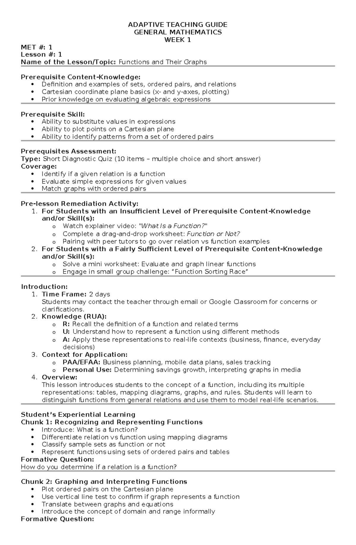 ATG - GEN. MATH - ADAPTIVE TEACHING GUIDE: FUNCTIONS & FINANCIAL ...