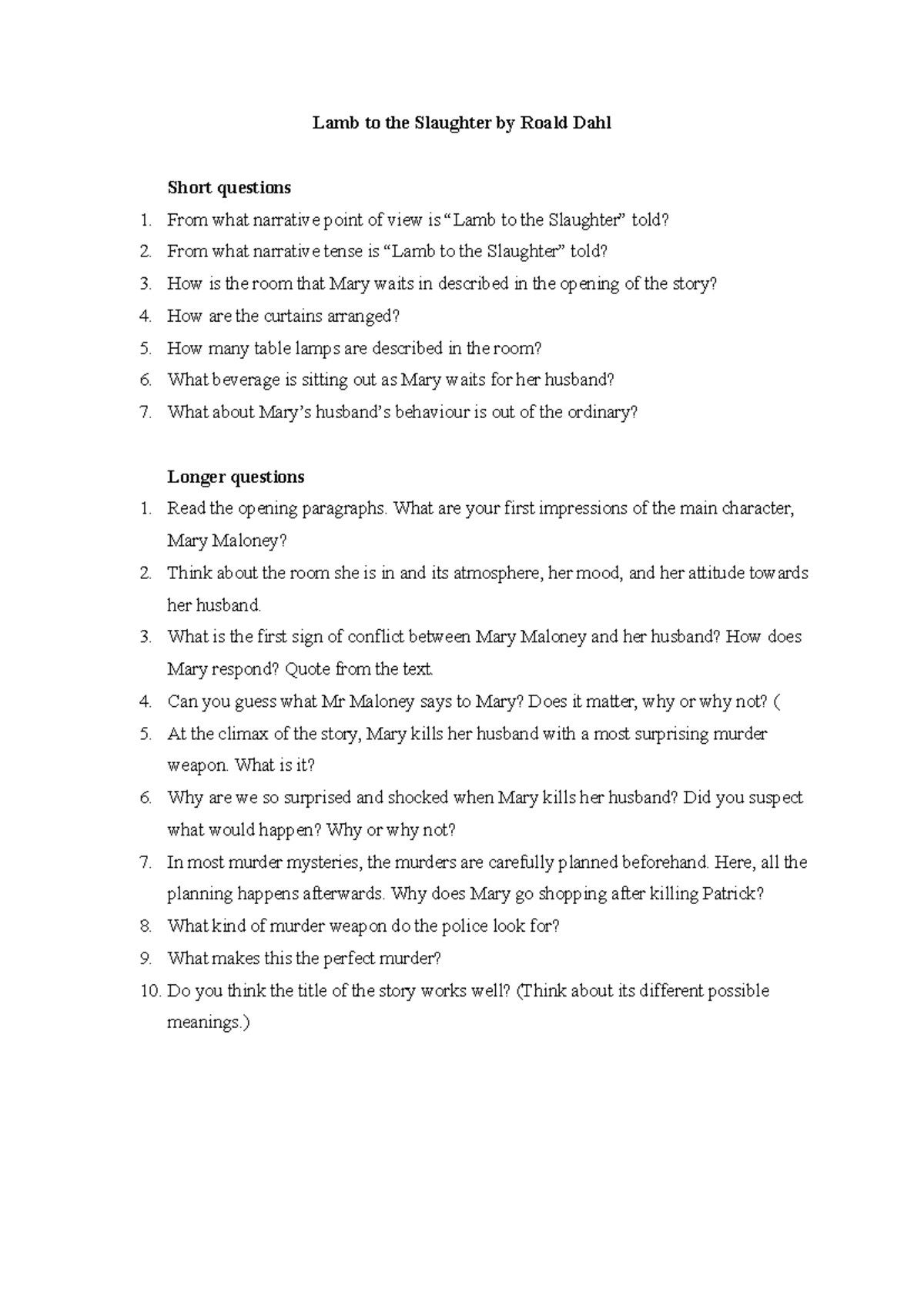 Lamb to the Slaughter (Roald Dahl) Worksheet Questions & Analysis - Studocu