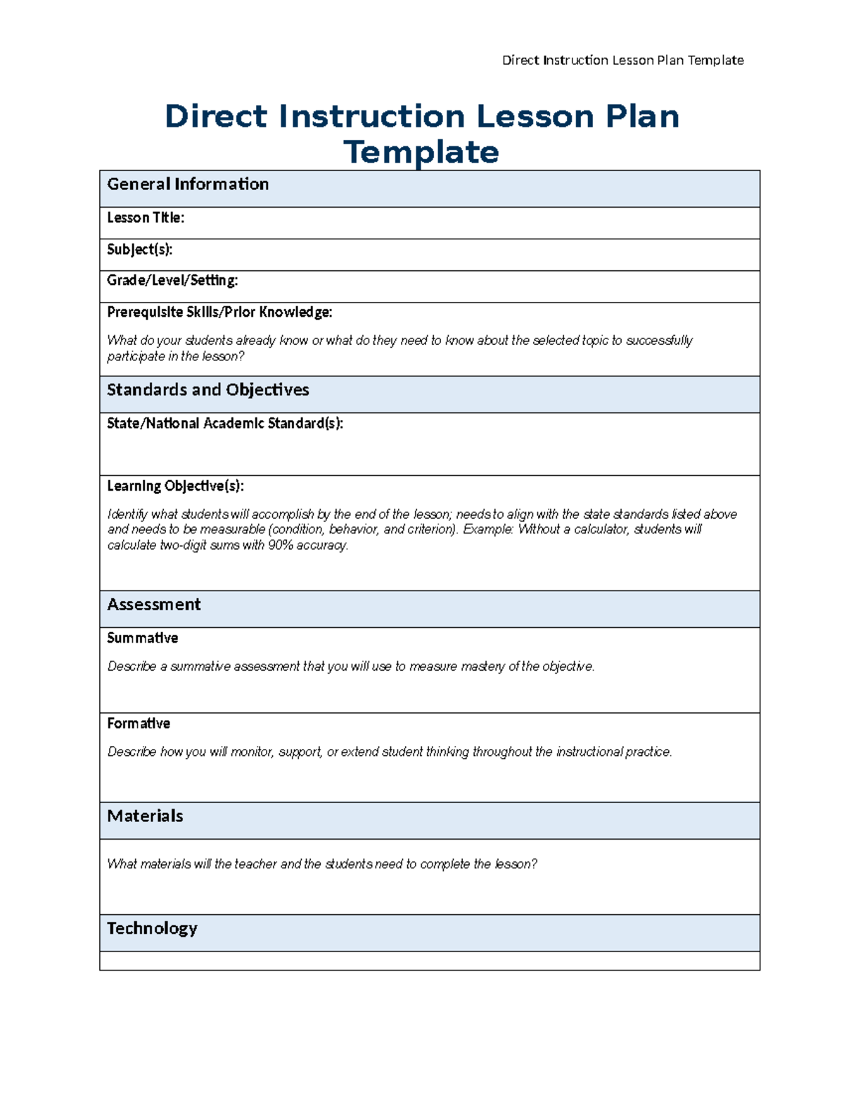 Direct Instruction Lesson Plan Template: Structure & Standards - Studocu