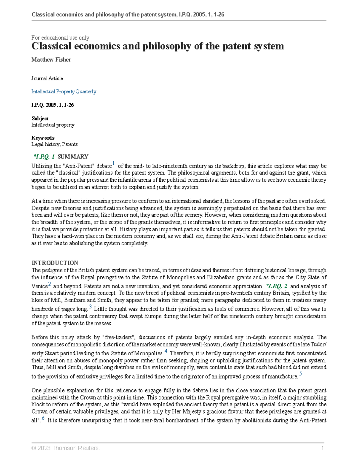 Classical Economics and Patent System Philosophy: An I.P.Q. Review ...