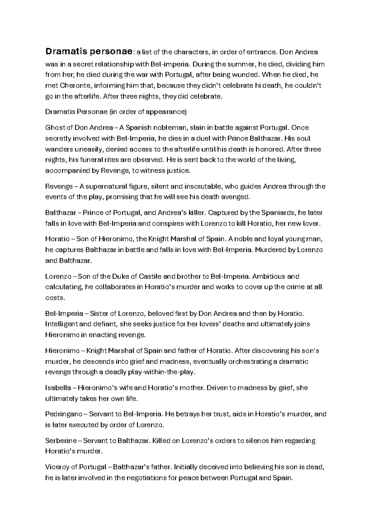 The Spanish Tragedy (ENG 201) - Summary of Characters and Plot - Studocu