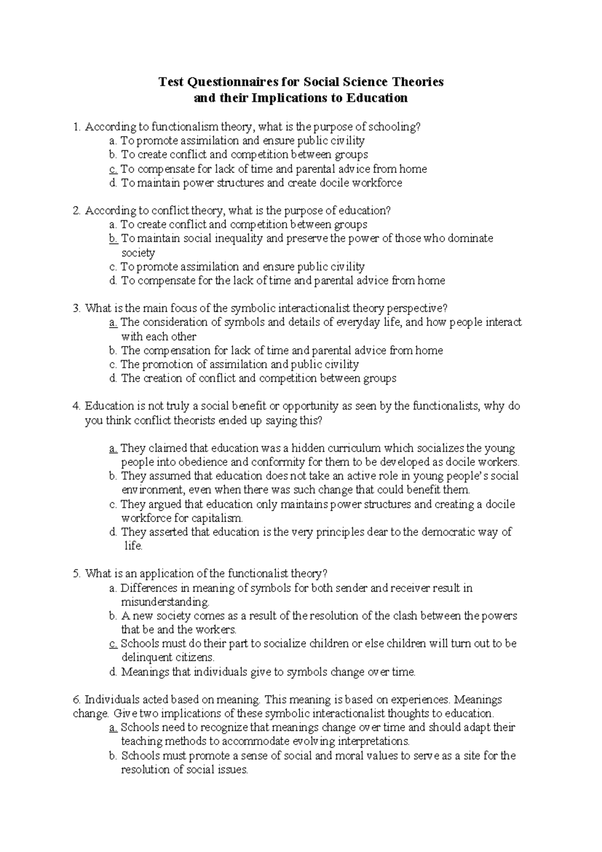 EDUC 325 - Test Questionnaires on Social Science Theories and Education ...