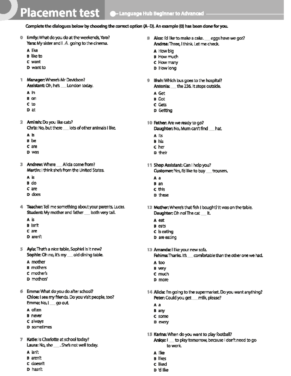 Language Hub Placement Test: Beginner to Advanced Dialogues - Studocu