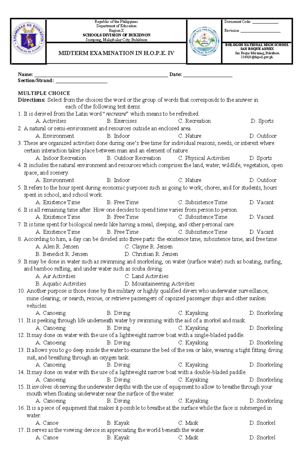 P.E 4 EXAM - Examination for 3rd Quarter exam in deped - Republic of ...