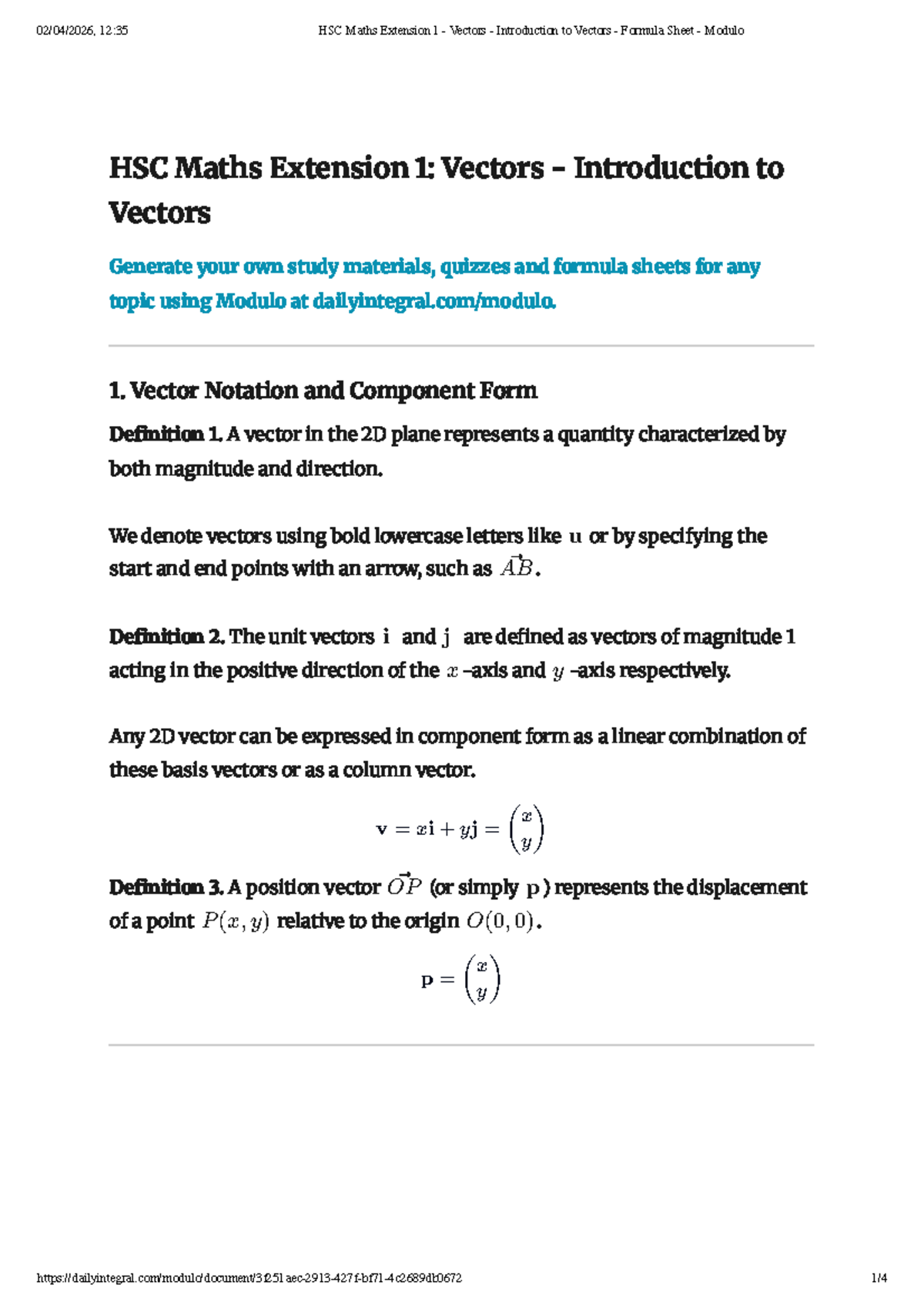 HSC Maths Extension 1: Vectors - Intro & Formula Sheet - Studocu