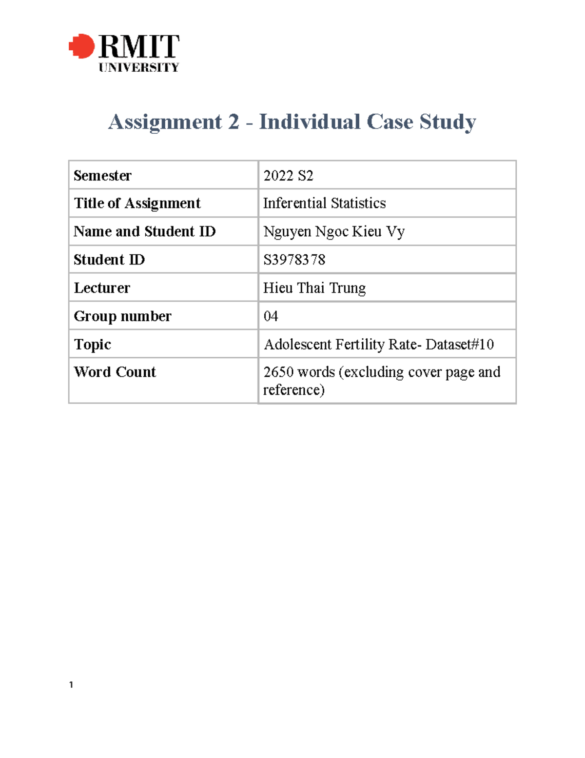 S3978378 Assignment 2: Case Study on Adolescent Fertility Rates - Studocu