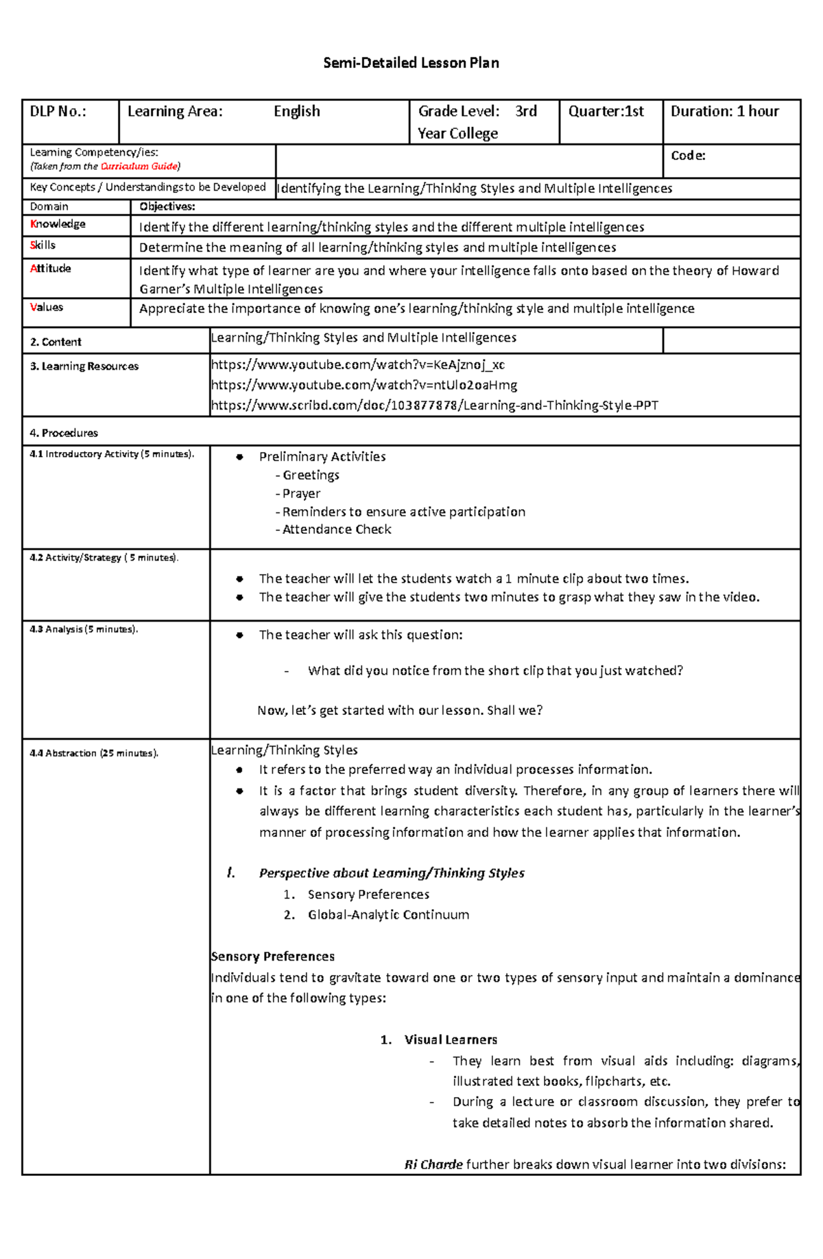 Module 5: Learning/Thinking Styles & Multiple Intelligences DLP - Studocu