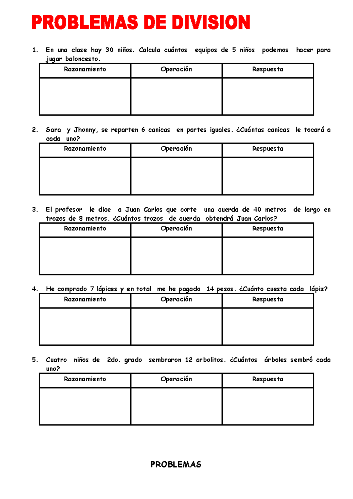 Problemas de División para 2do Grado de Primaria - Ejercicios y ...