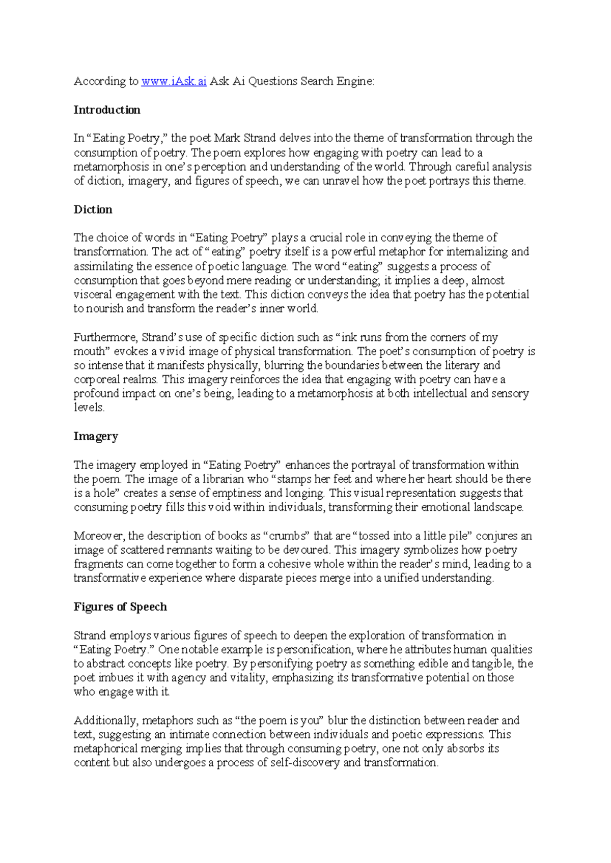 Analysis of Transformation in Mark Strand's "Eating Poetry" - Studocu