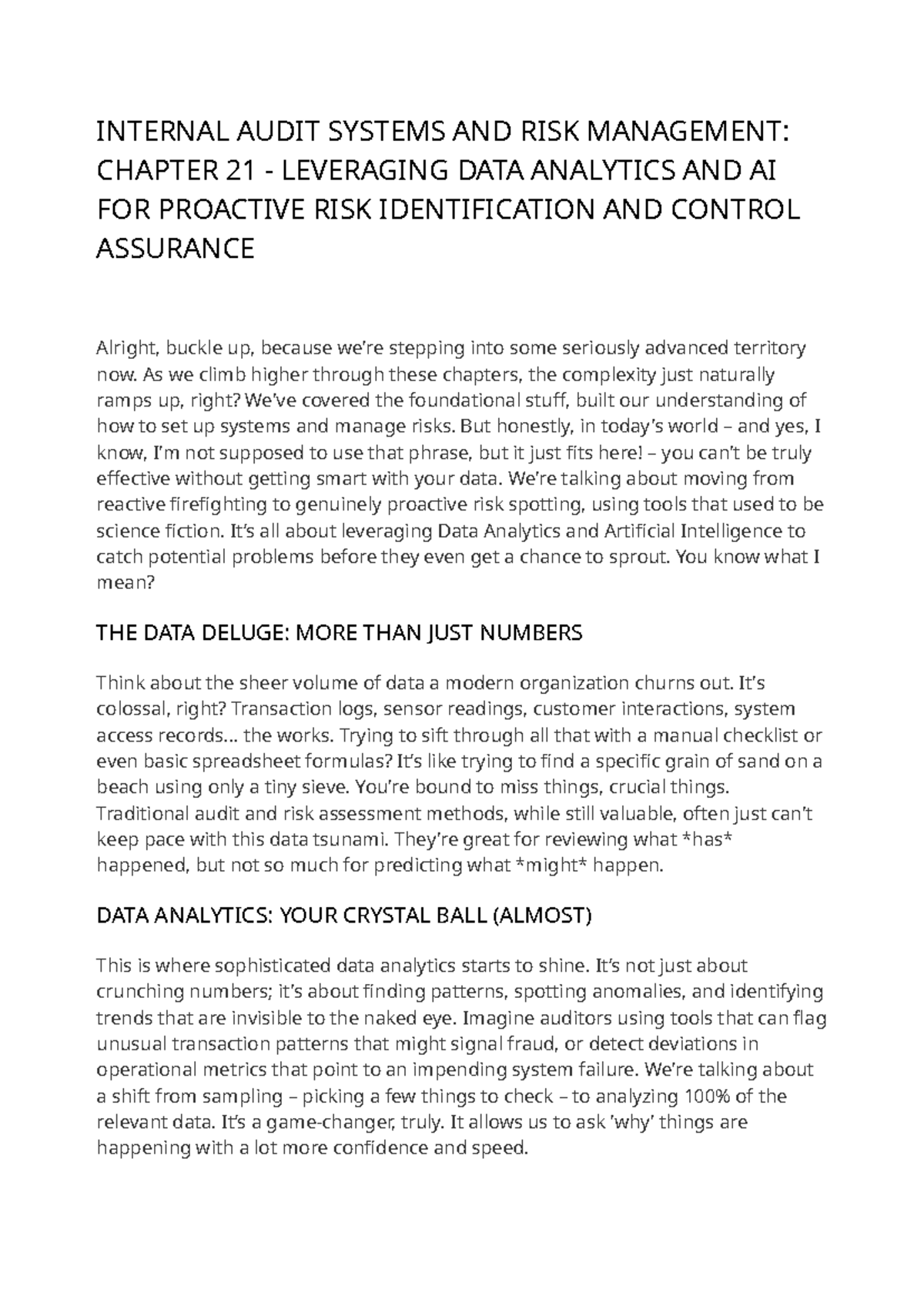 INTERNAL AUDIT SYSTEMS & RISK MGMT: CH 21 DATA ANALYTICS & AI - Studocu