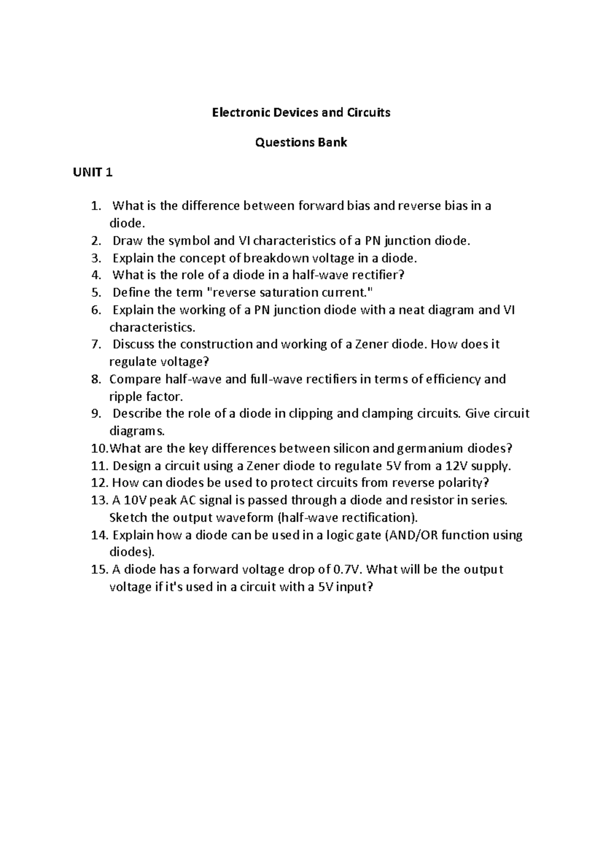 EDC Questions Bank: Diodes, Transistors & Op-Amps Overview - Studocu