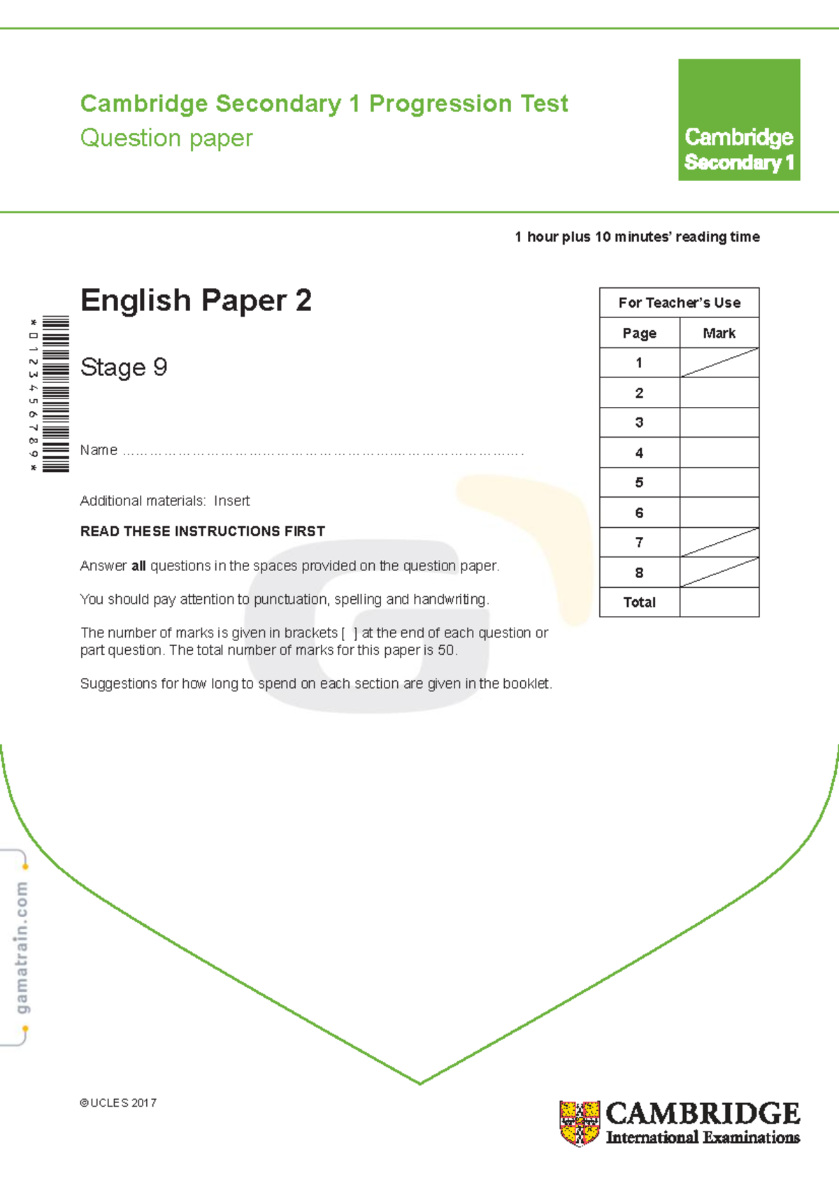 Cambridge Secondary 1 English Paper 2 Progression Test QP 2017 - Studocu