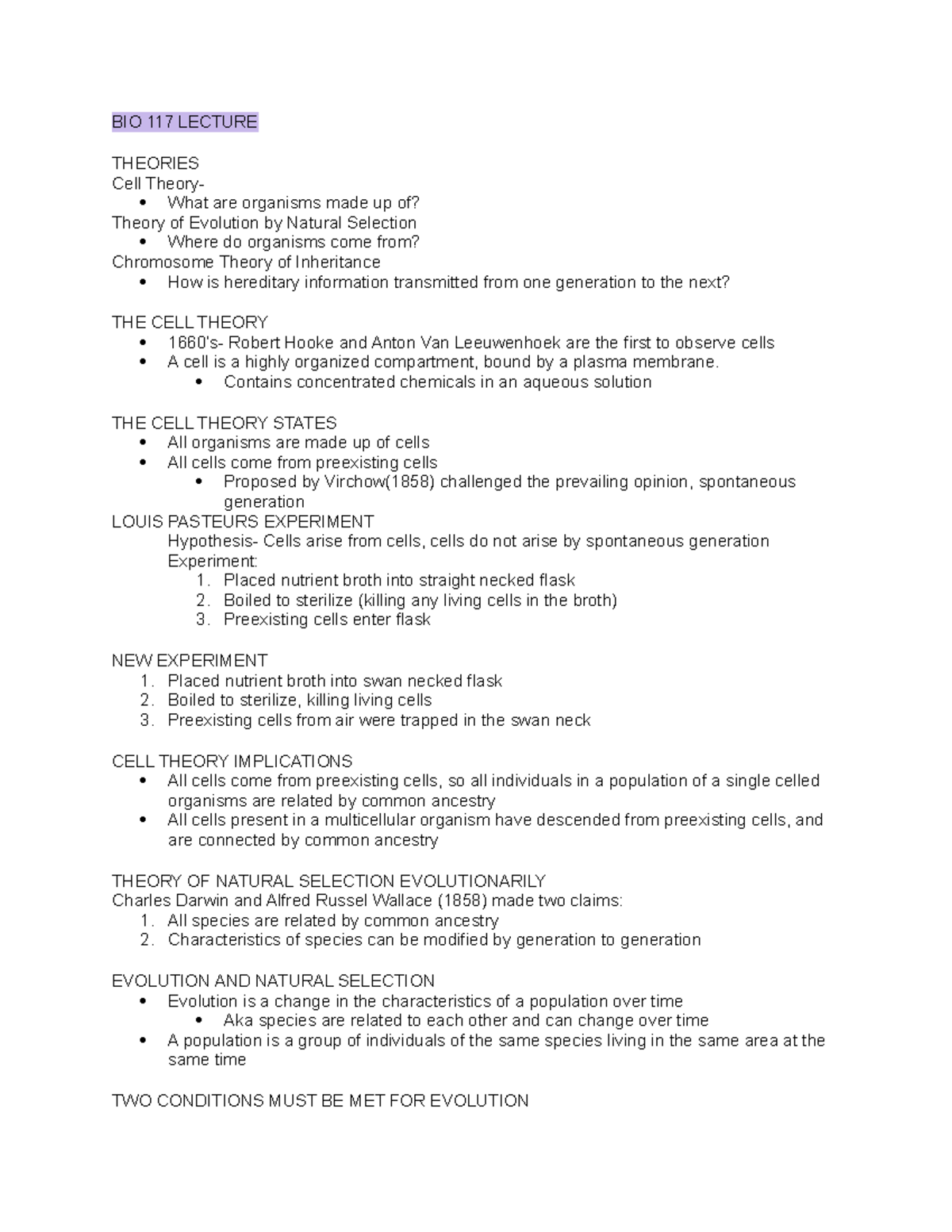 BIO 117 Lecture 8:28 - BIO 117 LECTURE THEORIES Cell Theory- What are ...