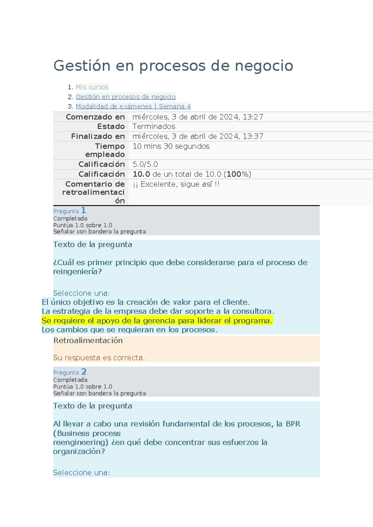 Examen Semana 04: Gestión en Procesos de Negocio UTEL - Studocu