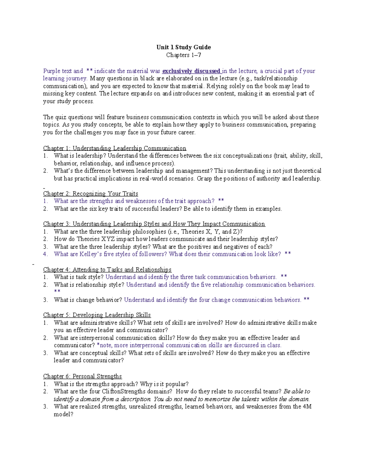 Unit 1 Study Guide: Leadership Communication (Chapters 1-7) - Studocu