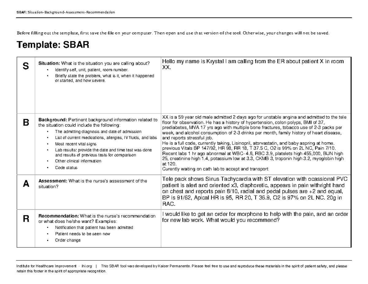 Davis Clinical Judgment MI Part B SBAR Template Guide - Studocu