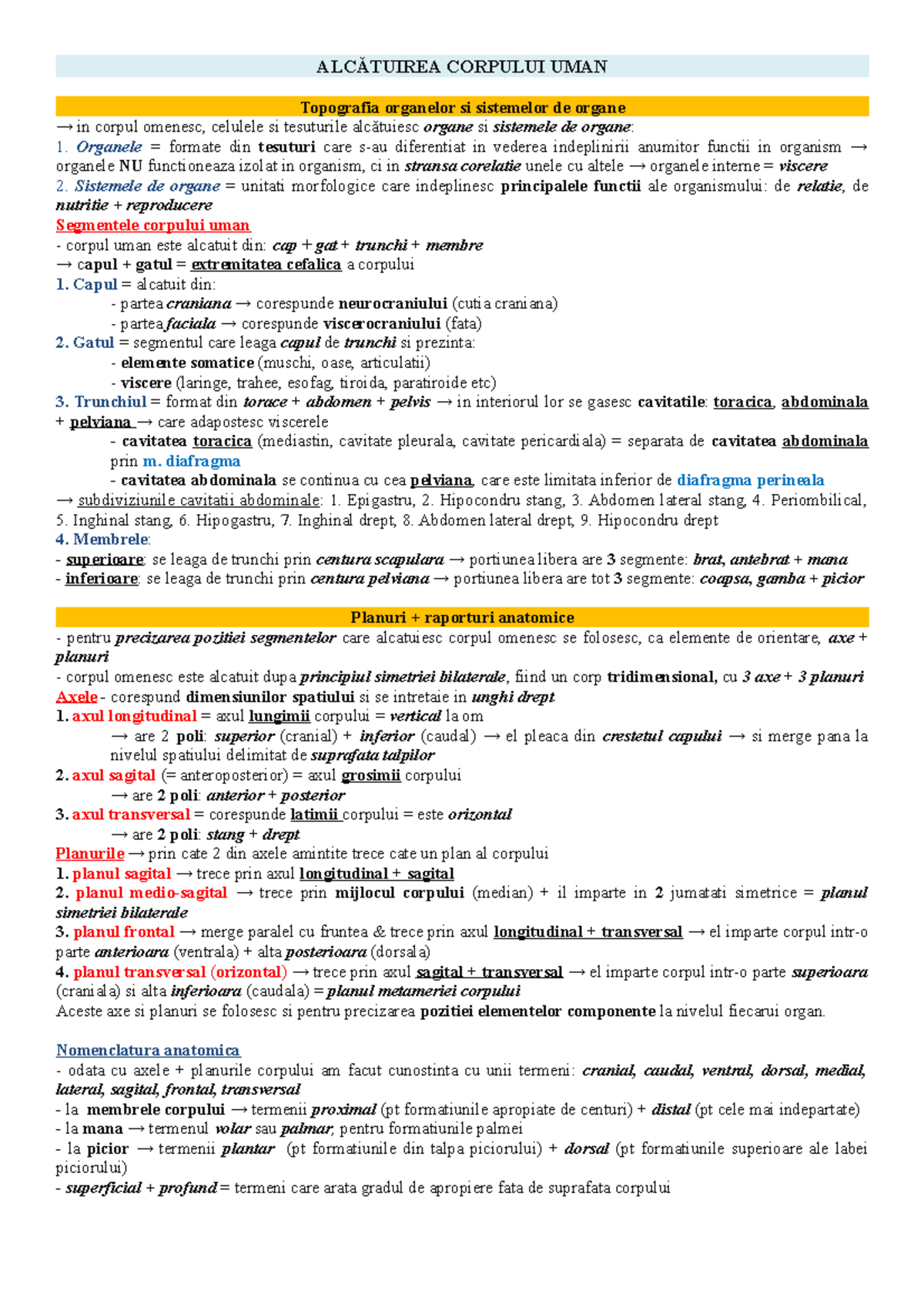 Sinteze Anatomie Umană - ALCĂTUIREA CORPULUI ȘI ORGANELOR - Studocu