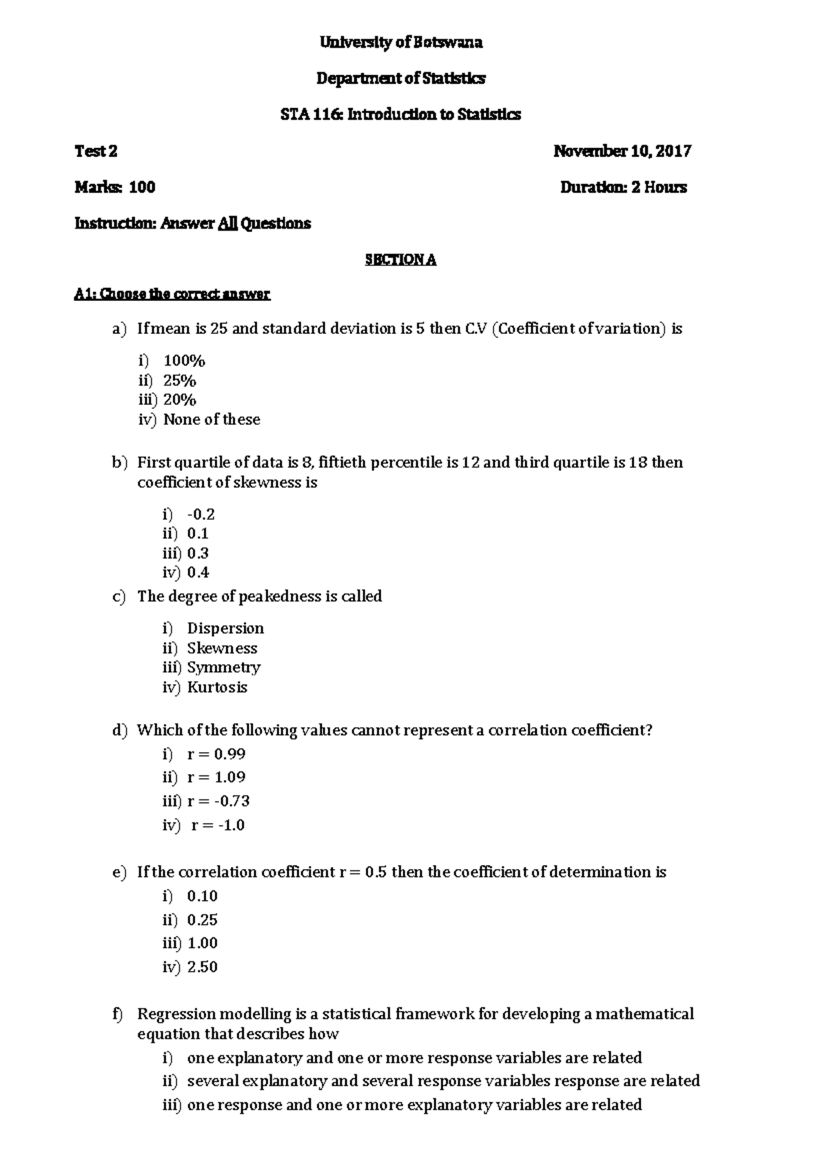 STA 116 Test 2 Past Paper - November 10, 2017 Exam Questions - Studocu