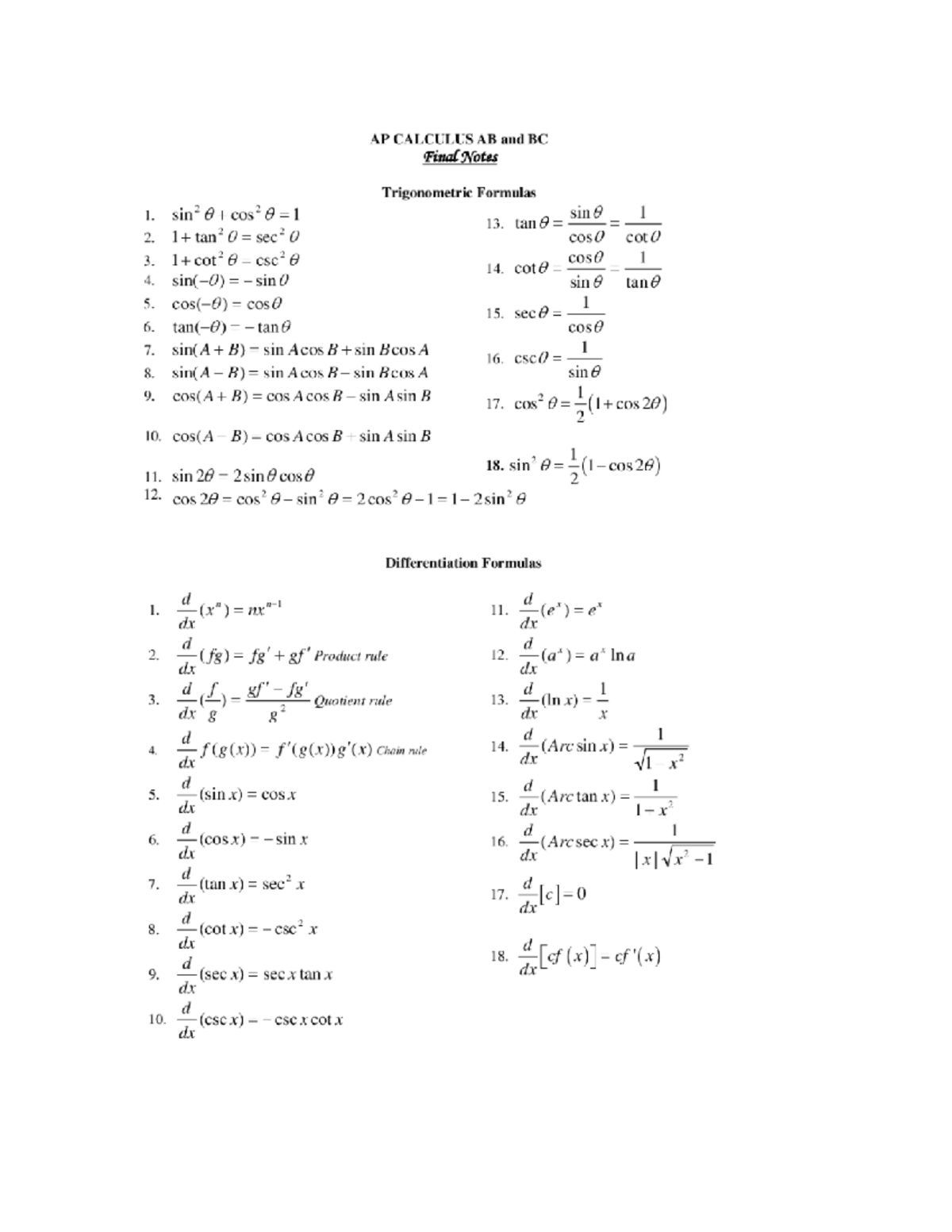 Calculus 1 Final Review Sheet - MATH 223 - Studocu