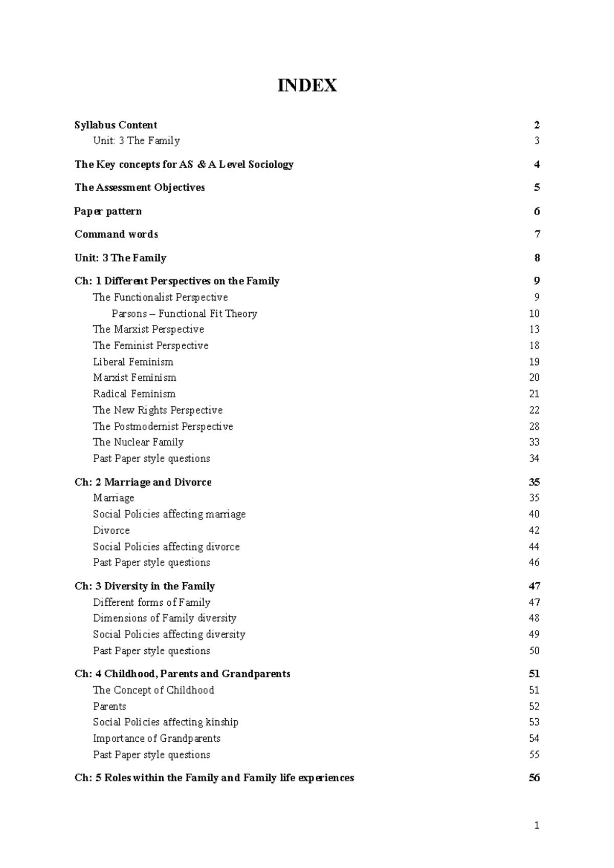 A Level Sociology 9699: Unit 3 Family Perspectives and Key Concepts ...