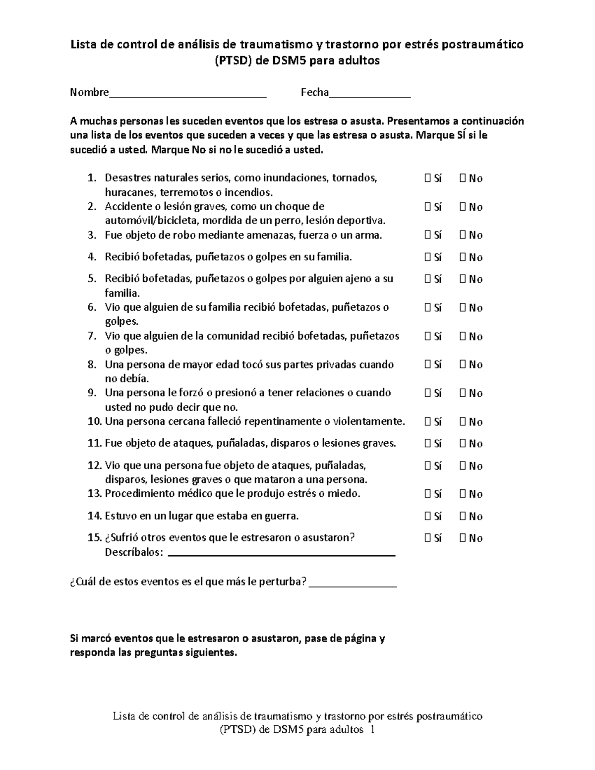Lista de Control de Trauma y PTSD DSM5 para Adultos - Versión en ...