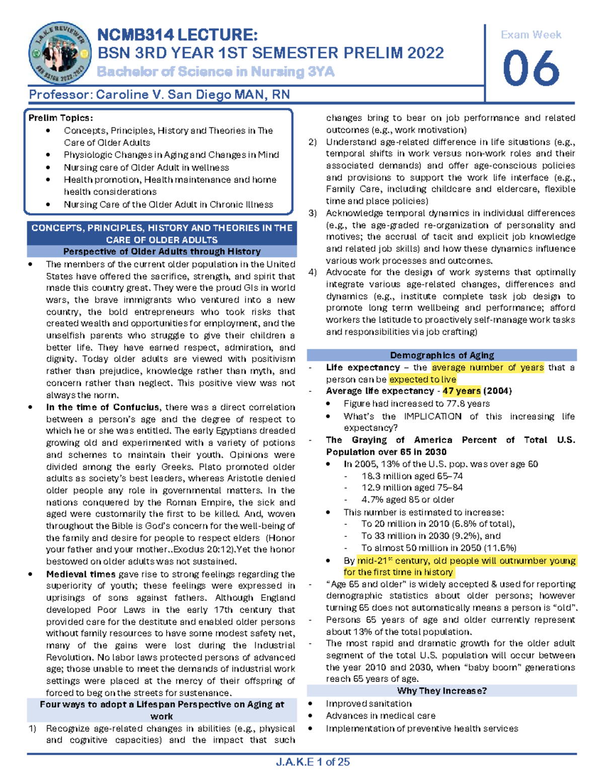 NCMB314 LECTURE: BSN 3RD YEAR 1ST SEMESTER PRELIM 2022 - Care of Older ...