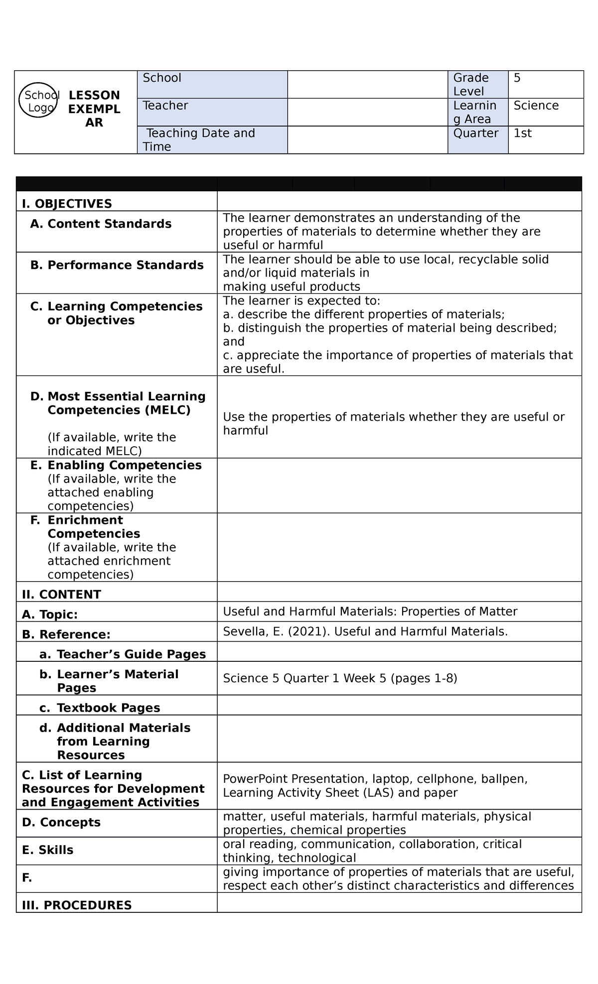 Science 5 Q1 Week 1 Lesson Plan on Useful and Harmful Materials - Studocu