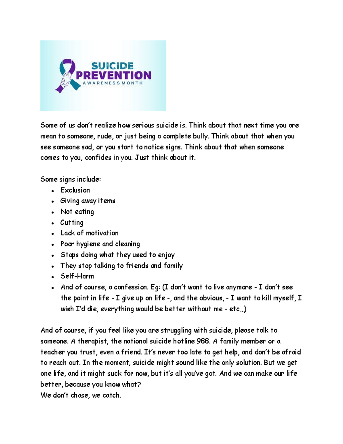 Suicide Prevention Awareness: Recognizing Signs and Seeking Help - Studocu