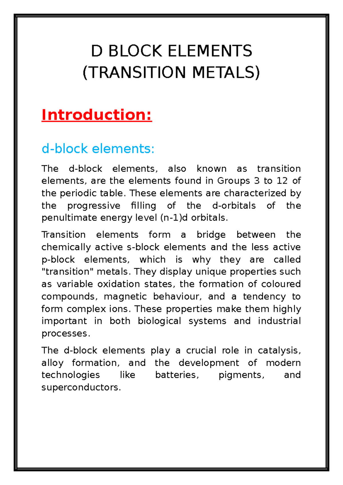 D and F Block Elements: Transition Metals Overview XII RED - Studocu