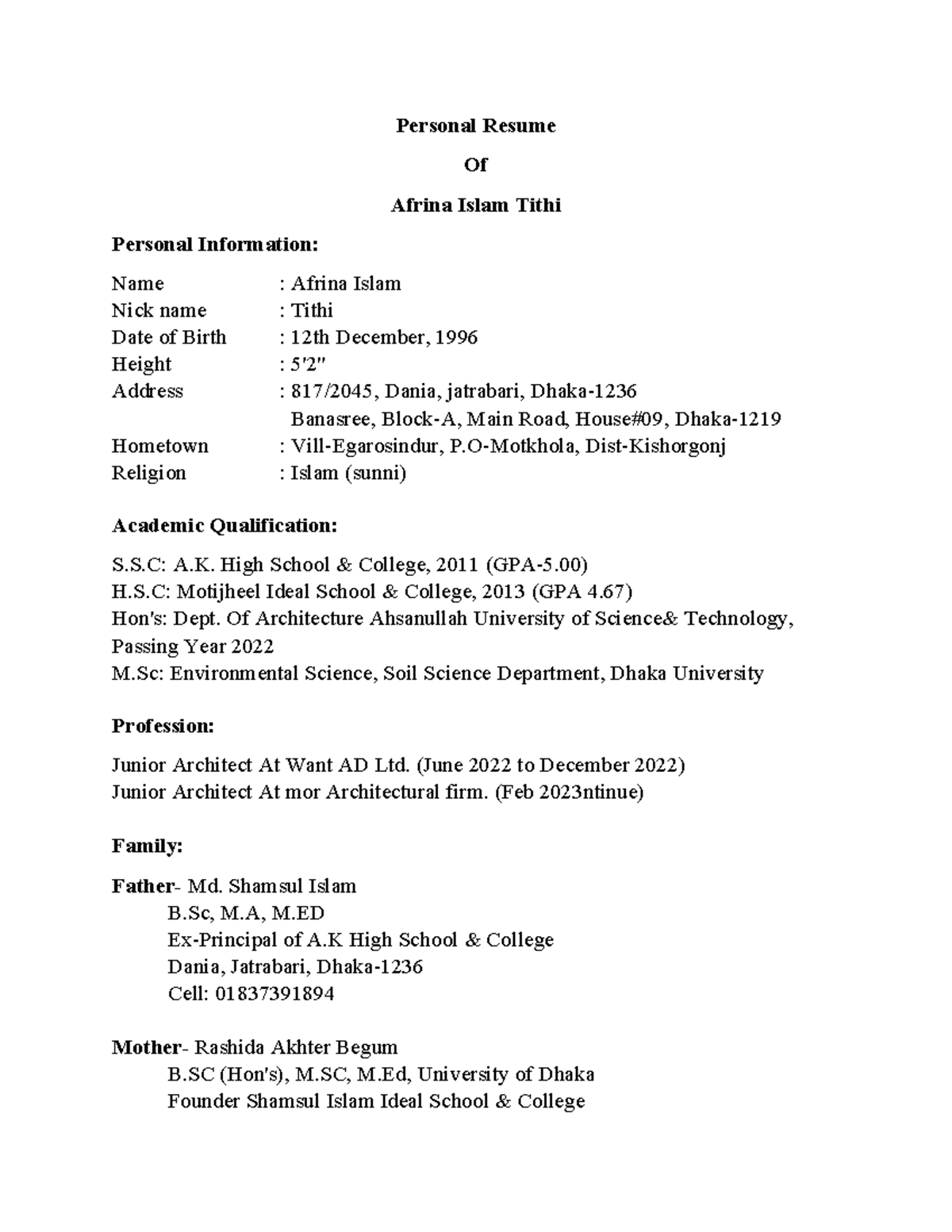 Personal Resume of Afrina Islam Tithi - SSS - Studocu