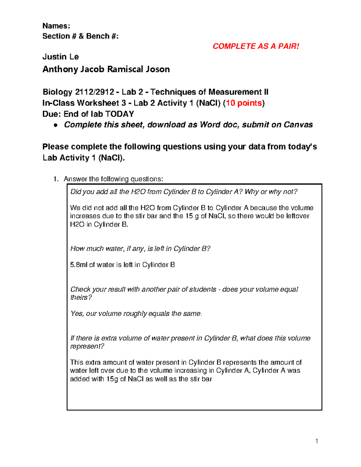 In-Class Worksheet 3 - Lab 2 Activity 1 Na Cl-1 - Section # & Bench ...
