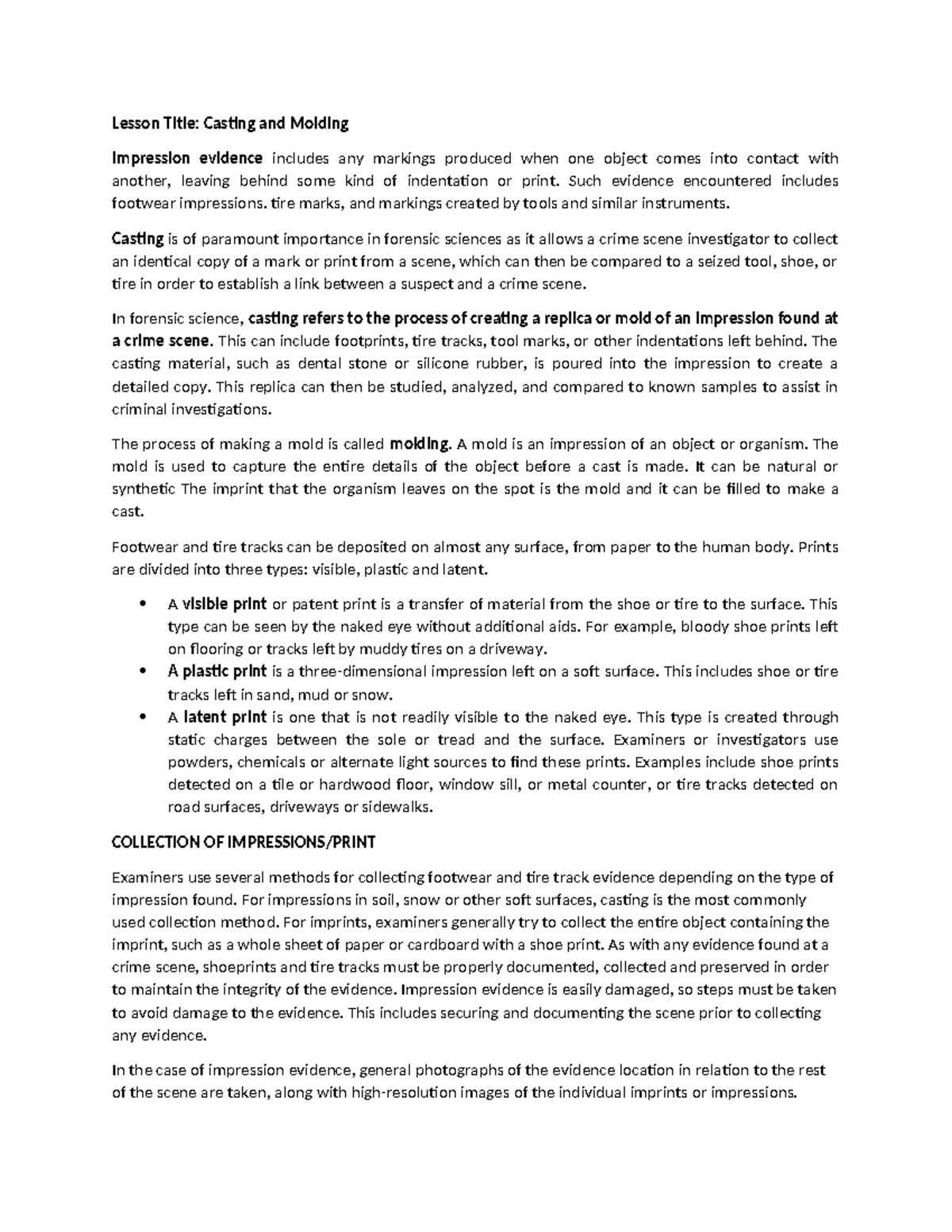 Casting and Molding: Forensic Impression Evidence Notes - Studocu